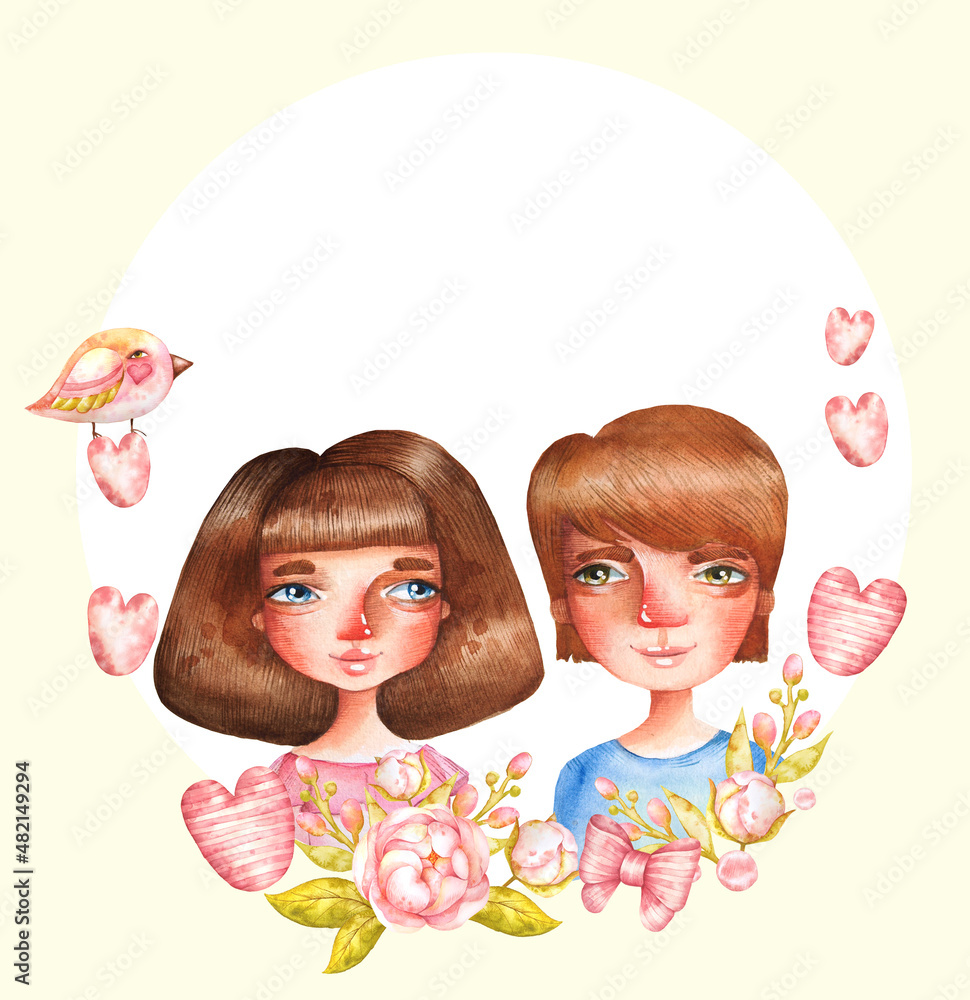 Cute girl with blue eyes and boy by hand drawn in watercolor. Vintage ...