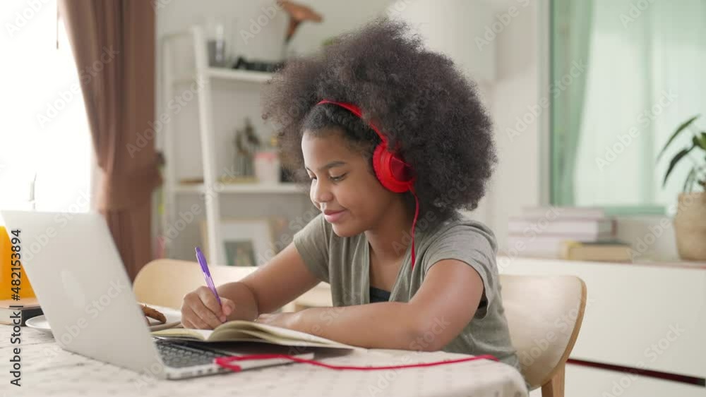Little African girl student online study by video conference discussion ...