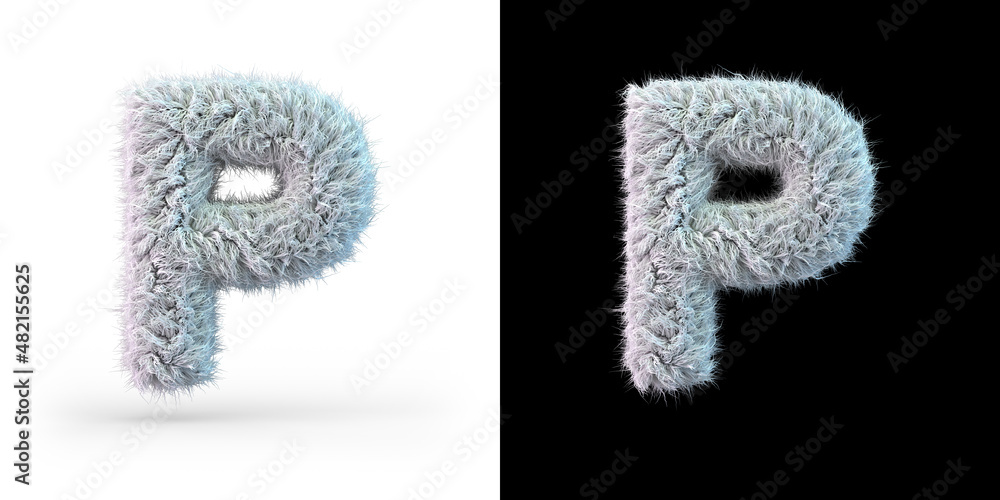 Capital letter P. Uppercase. White fluffy font on black and white ...