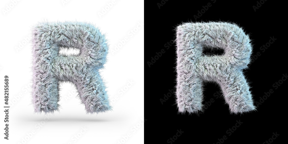 Capital letter R. Uppercase. White fluffy font on black and white ...