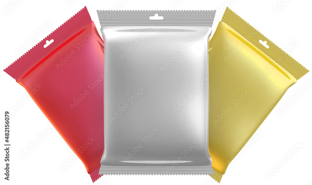 Flexible consumer packaging. Three sealed packages from a polymeric ...