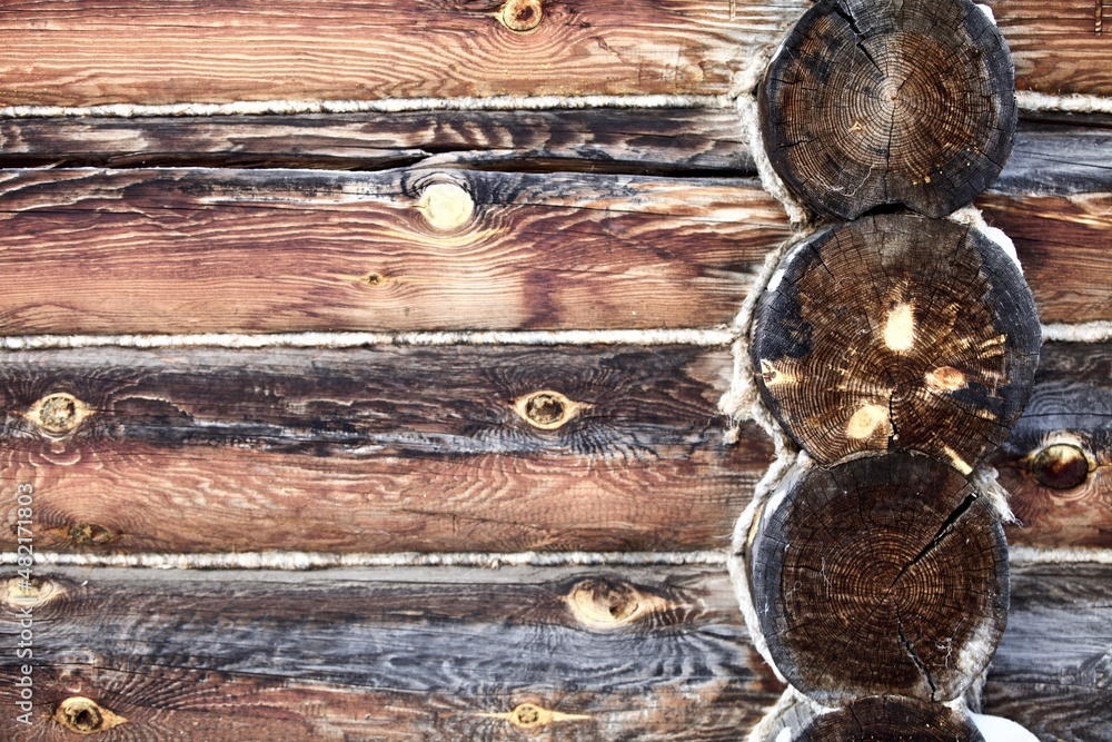 weathered surface of the old wooden log house wall close-up. log walls ...