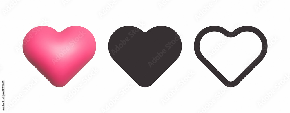 Vector Modern Heart Icon 3D Flat Outline Style Set Isolated On White ...