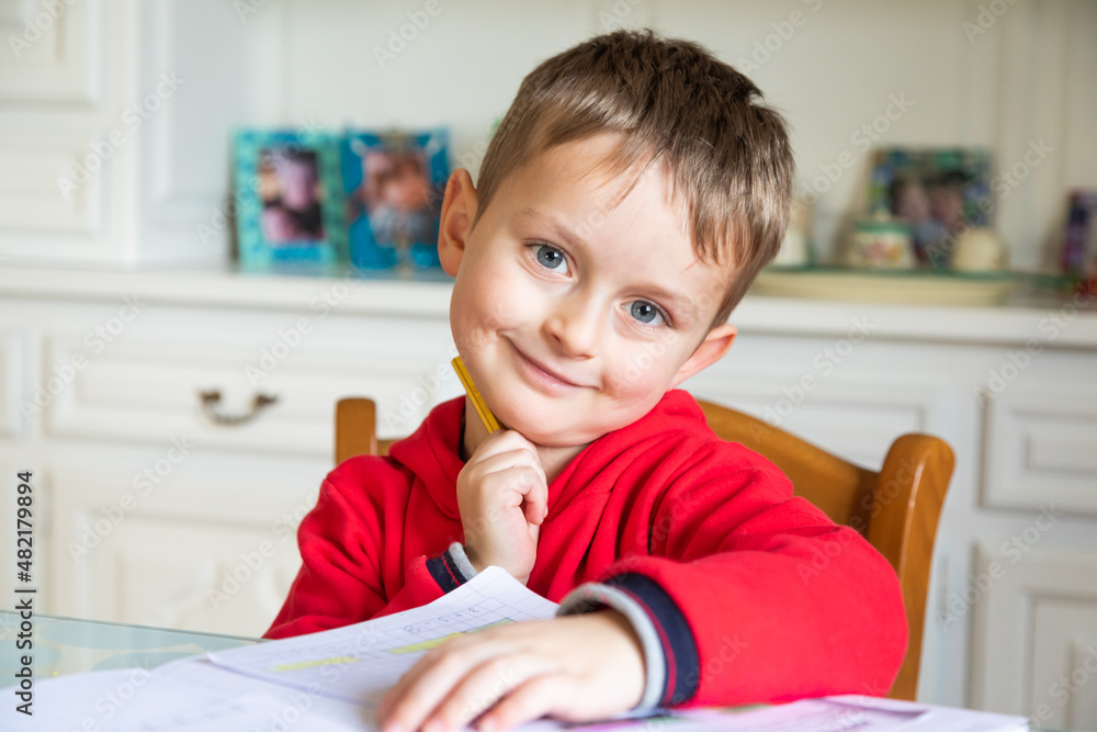 6 years old boy learning at home. Elemantary age caucasian child. Stock ...