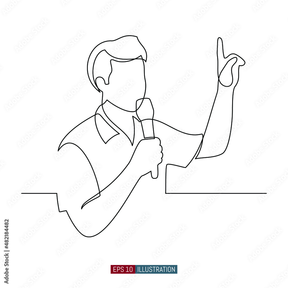 Continuous line drawing of man with microphone. Karaoke. Singer on ...