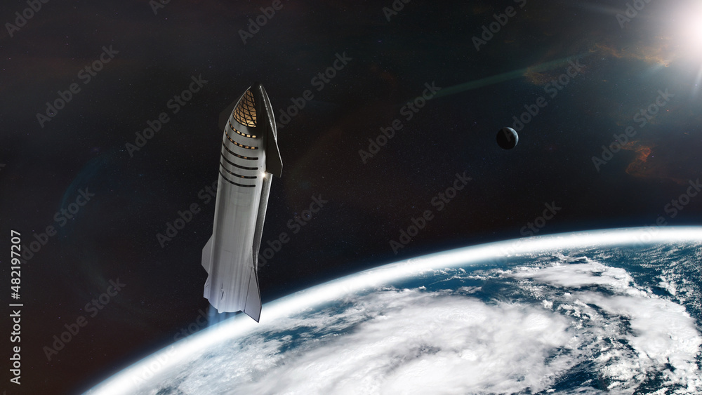 Heavy Starship in low-Earth orbit. Elements of this image furnished by ...
