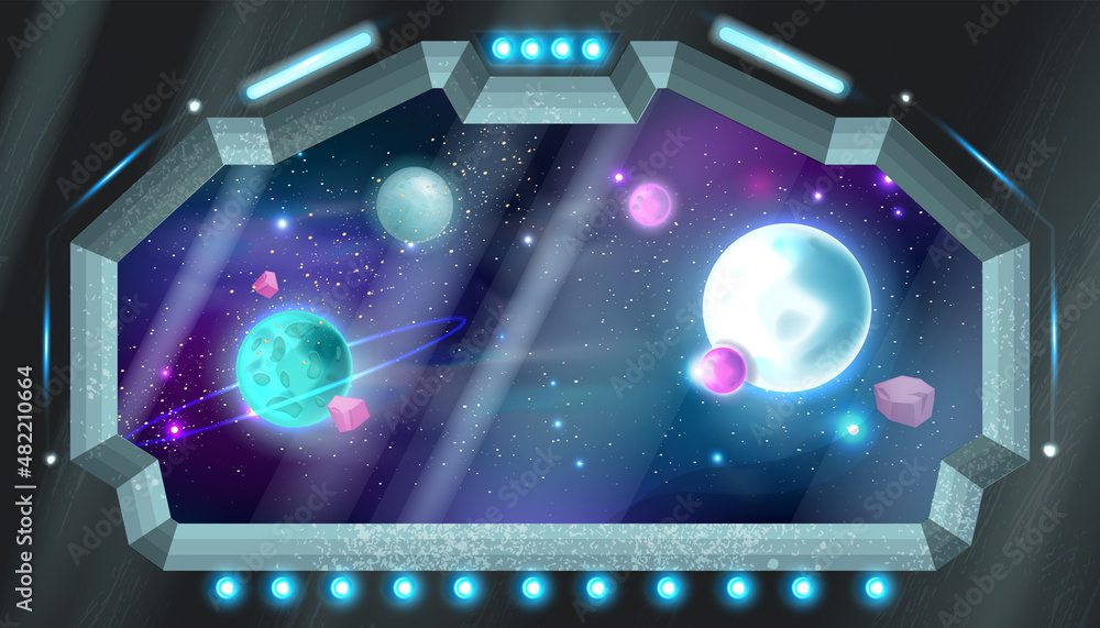 Space ship window inside view, vector spaceship future station ...