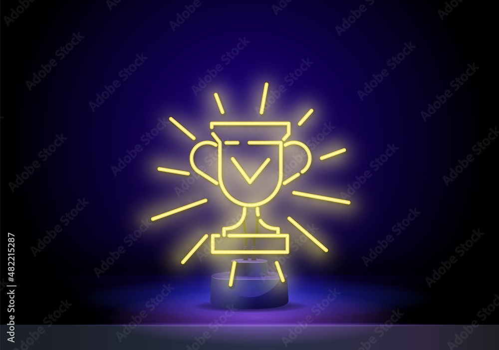 Glowing neon sign with award cup in rectangle frame on dark wall ...
