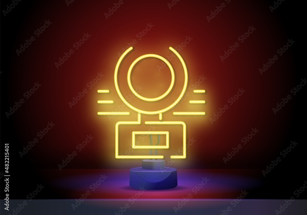 Glowing neon sign with award cup in rectangle frame on dark wall ...