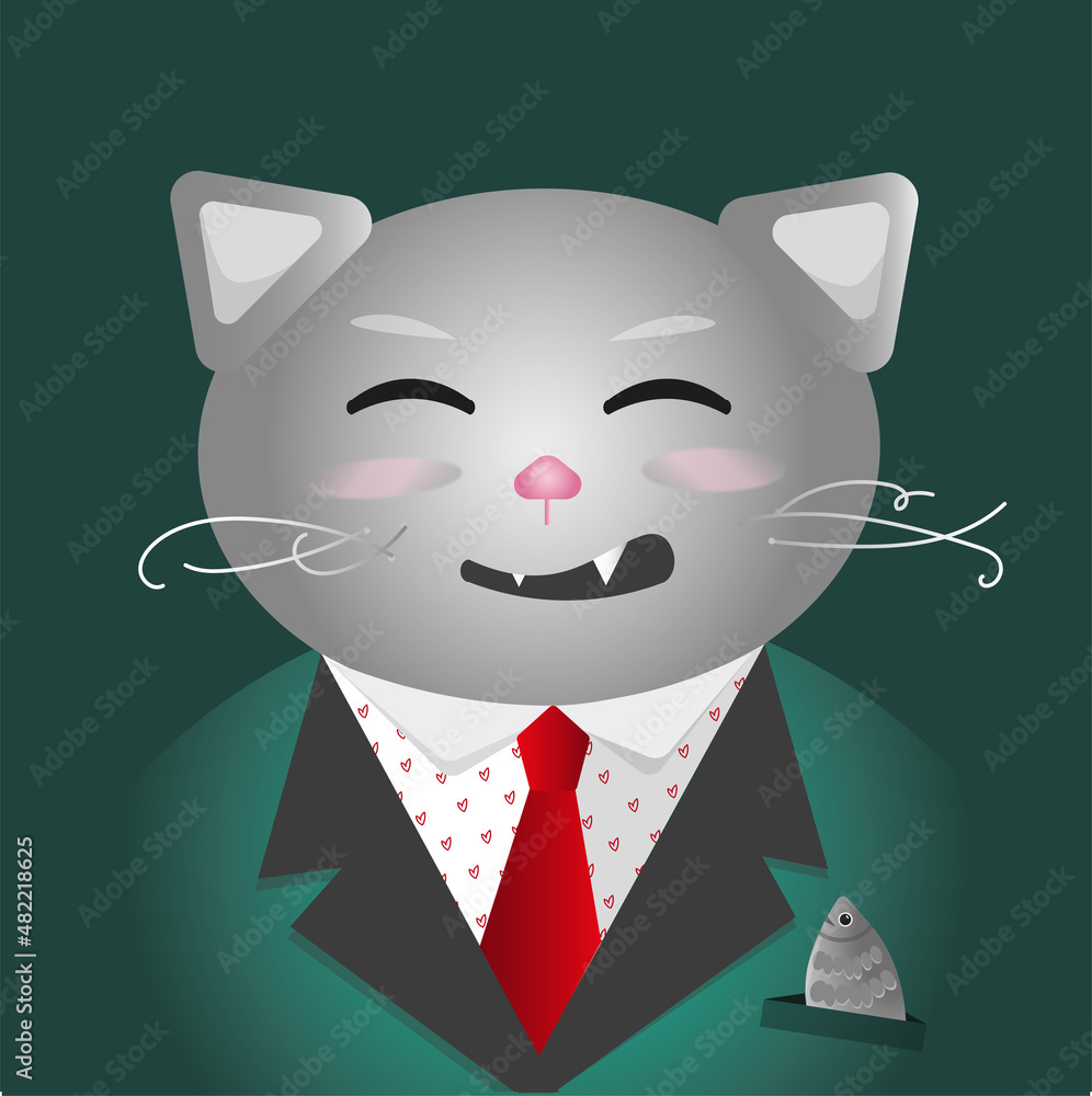 gray embarrassed cat with a smile on a green background in a green suit ...