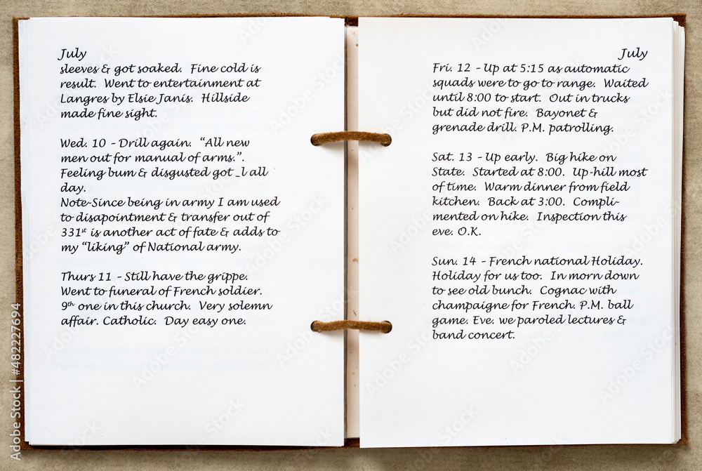 World War One Soldier`s Diary Pages, 12 of 47. Diary entries of a WWI American soldier, dated ...