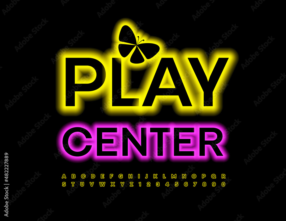 Vector glowing sign Play Center with decorative Butterfly. Neon Yellow ...