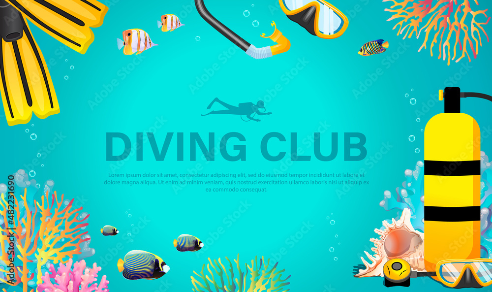 Yellow flippers, fins, oxygen tank, underwater mask, snorkel, coral ...