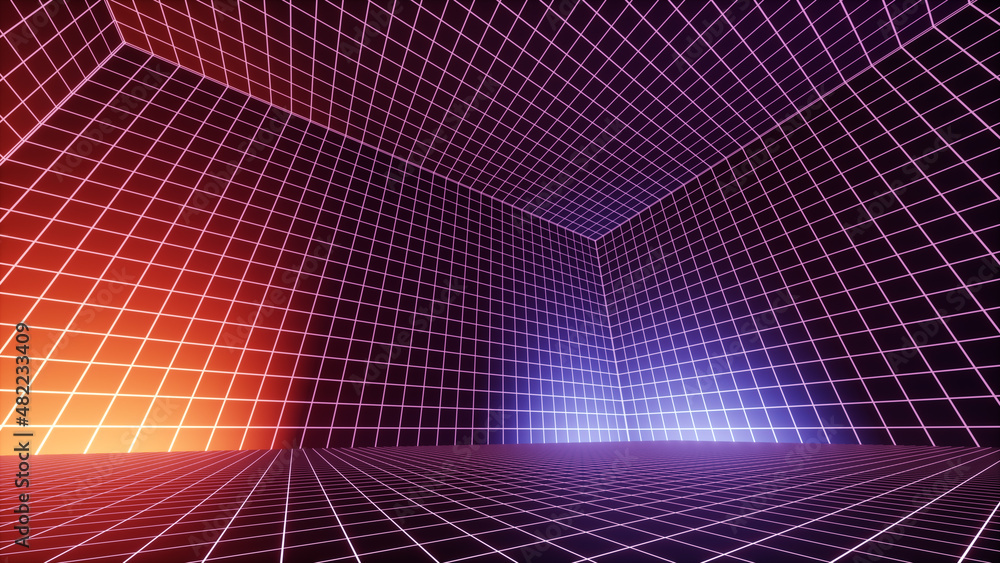 3d render, abstract geometric background, cyber space with grid inside ...