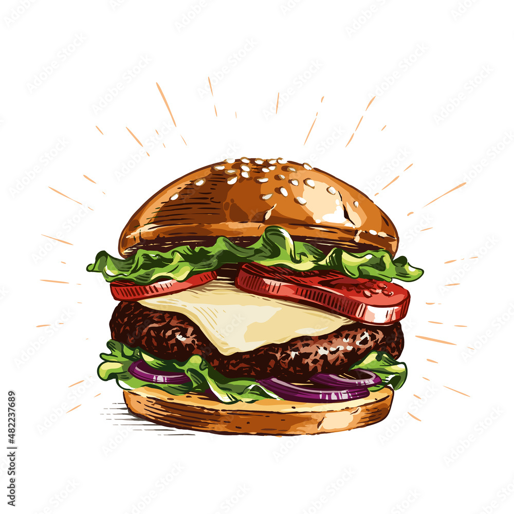 colour burger hand drawing sketch engraving illustration style Stock ...