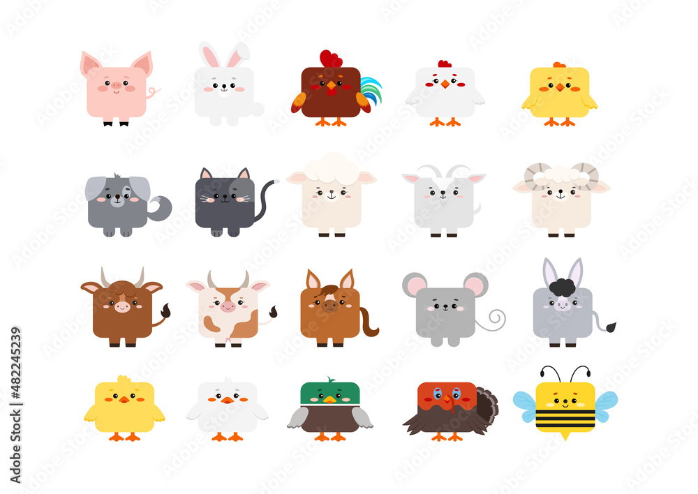 Square farm animal faces with legs set isolated on white background ...