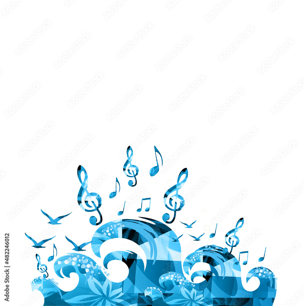 Musical poster with musical notes, waves and gulls isolated vector ...