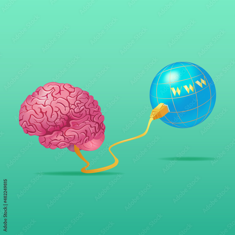 Brainwash. The human brain connected to the World Wide Web with a cable ...