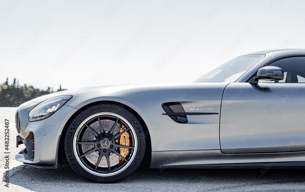 Calafat, Spain, April 18, 2021: detail side view of a mercedes benz AMG ...