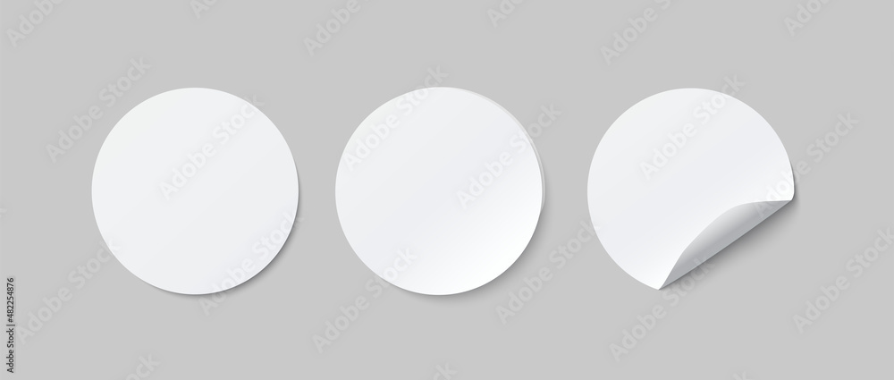 White paper round adhesive sticker set with a folded edges. Blank ...