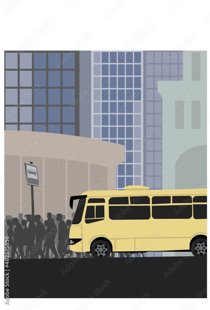 Bus stop in the center of a big city. Crowded business center. Vector ...