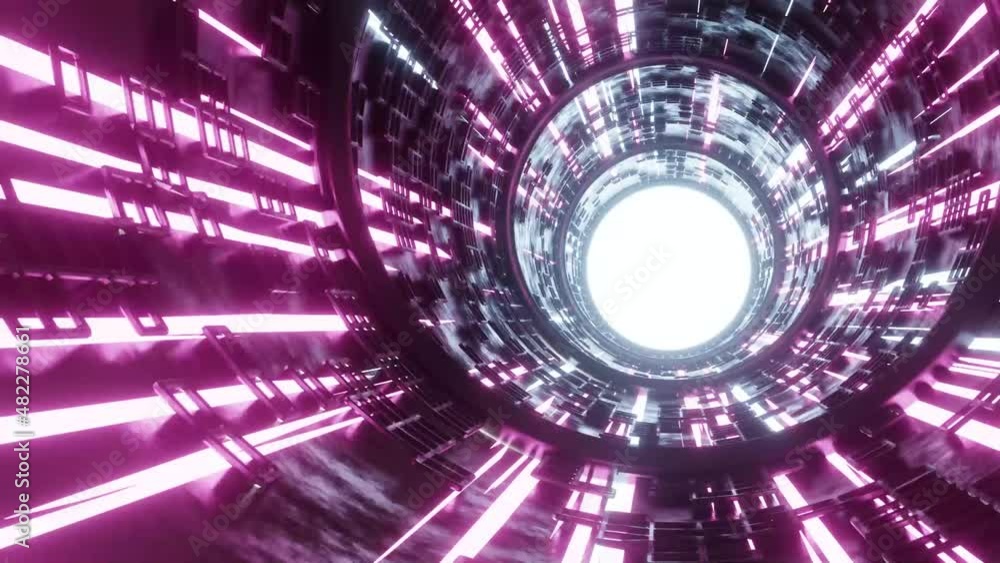 3d animated render of a Sci Fi style tube with flashing neon lights animation and a light at the ...