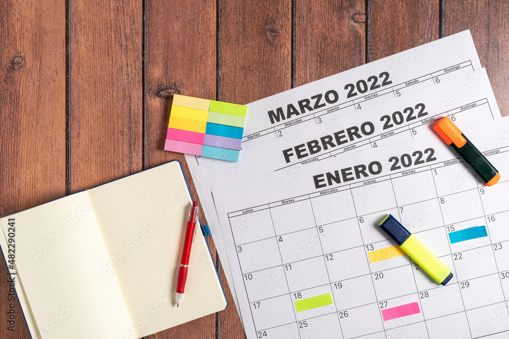 Calendar in Spanish of the first months of the year with colorful ...