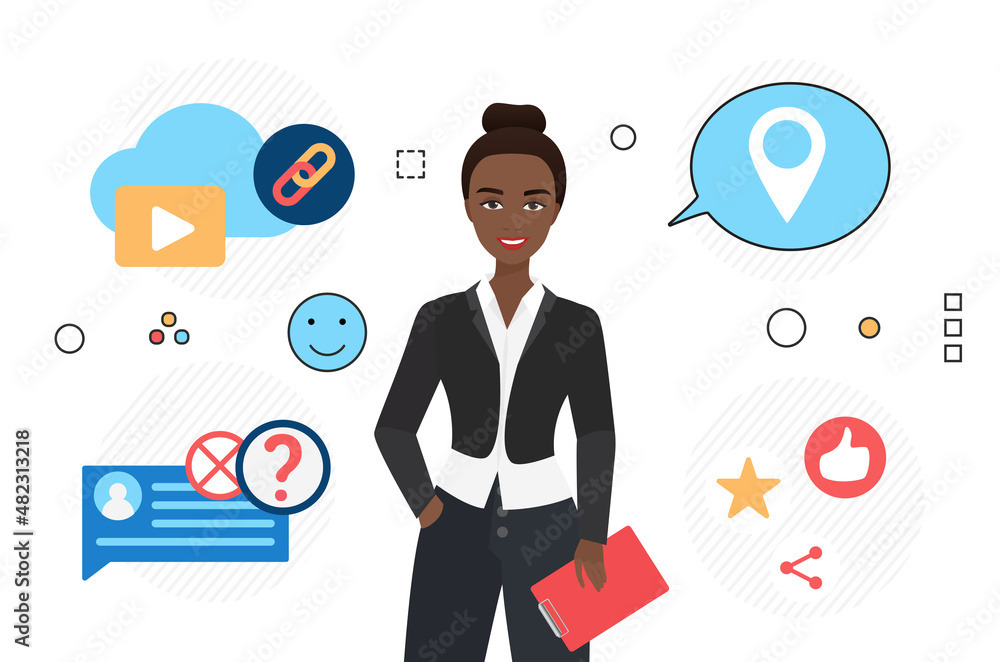 Flat style vector illustration of cartoon black female manager ...