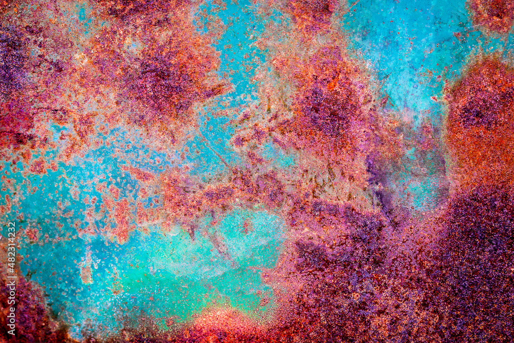 Flat image of red and brown rust texture on a dirty blue background ...