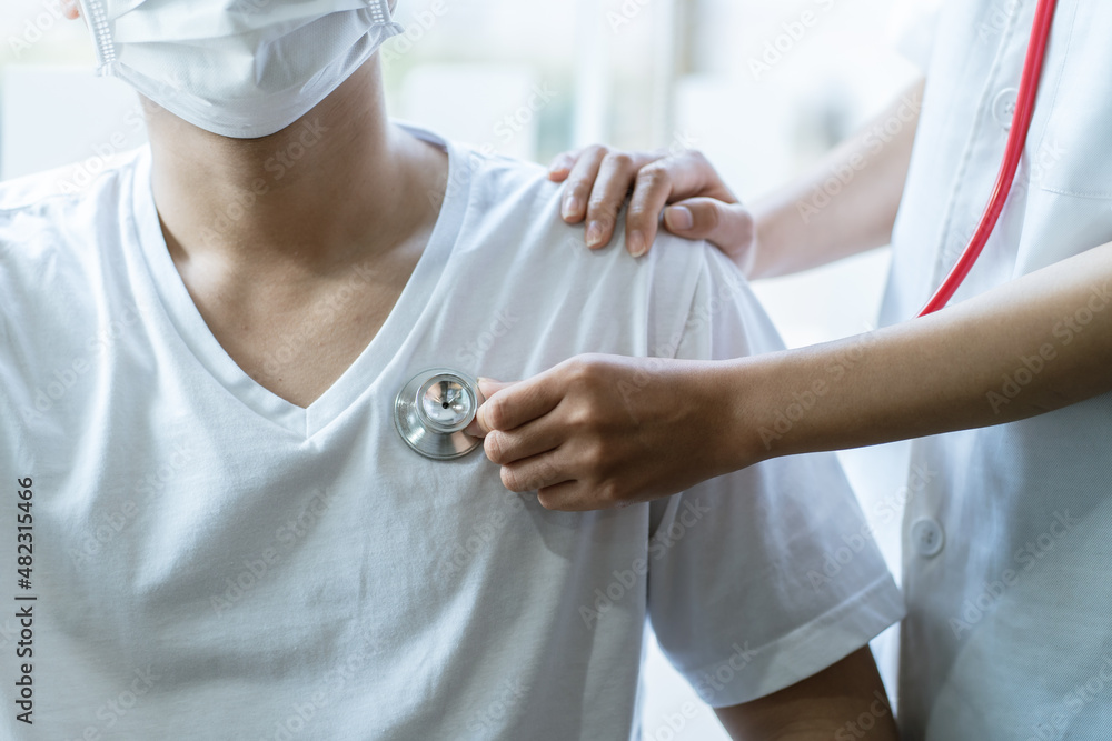 Doctor use stethoscope, checking up heart beat, auscultation in doctor ...