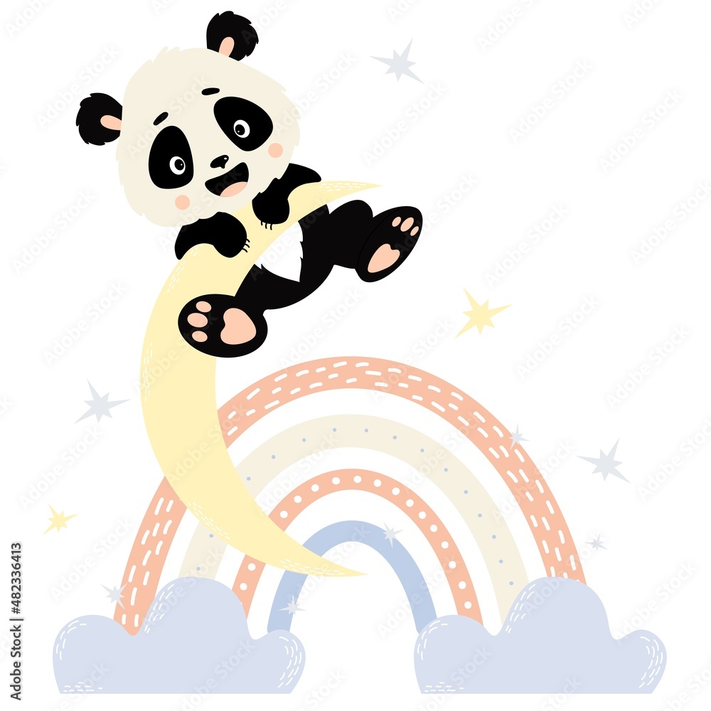 Cute panda character hanging on moon, rainbow with clouds and stars ...