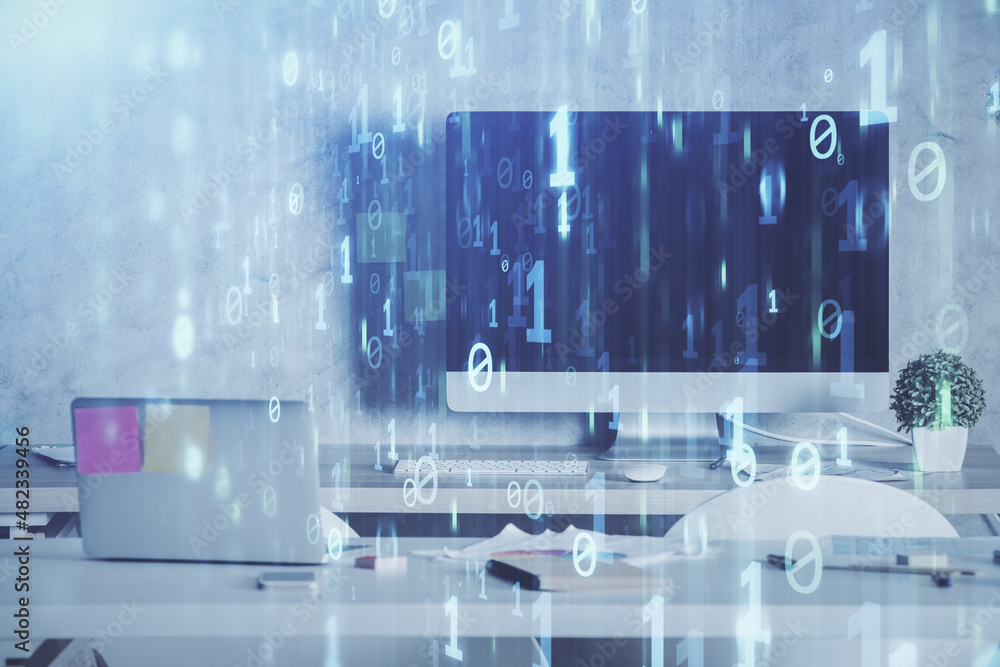 Multi exposure of data theme drawing and office interior background ...