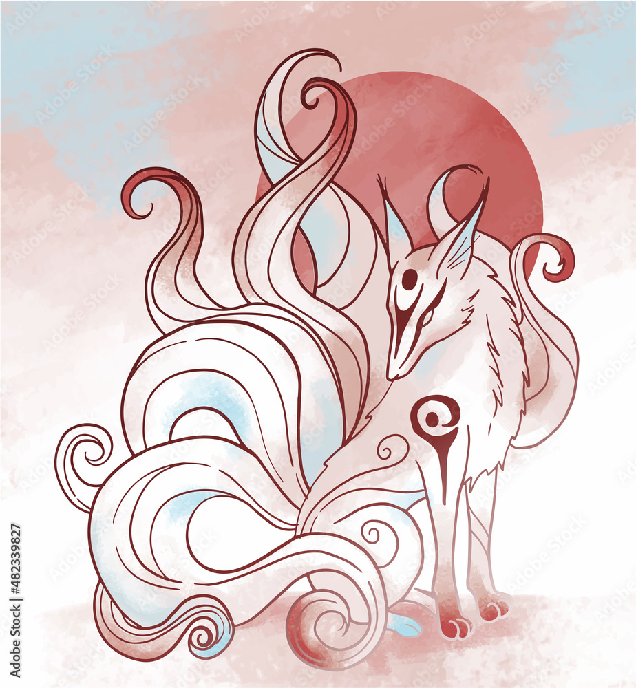 Illustration With Kitsune Nine Tailed Fox On Rough Texture Stock Vector Adobe Stock