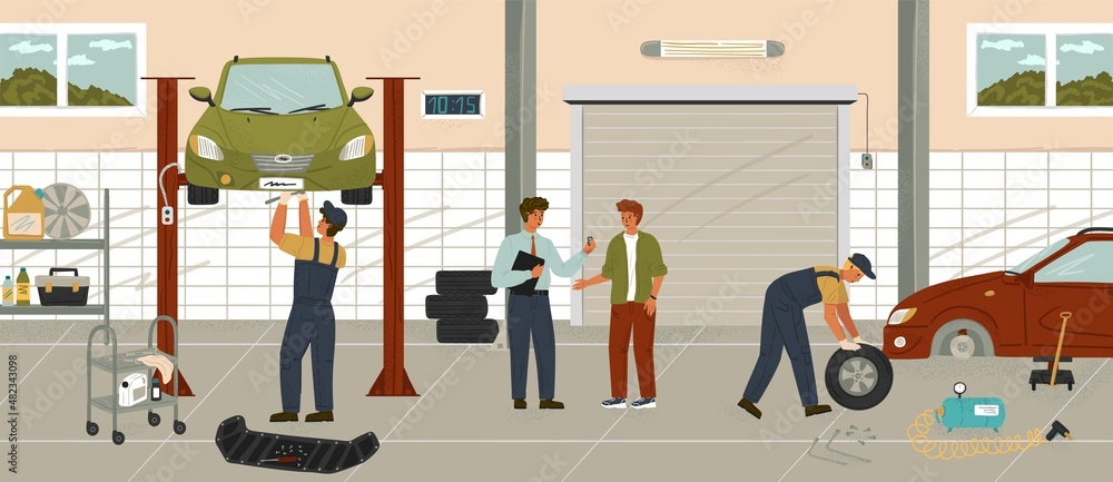 Car repair service and auto mechanic garage. Cartoon vector posters set ...