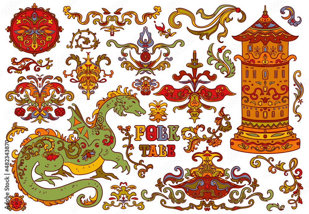 Folk tale ornament design elements set. Dragon, castle, flowers, plants ...