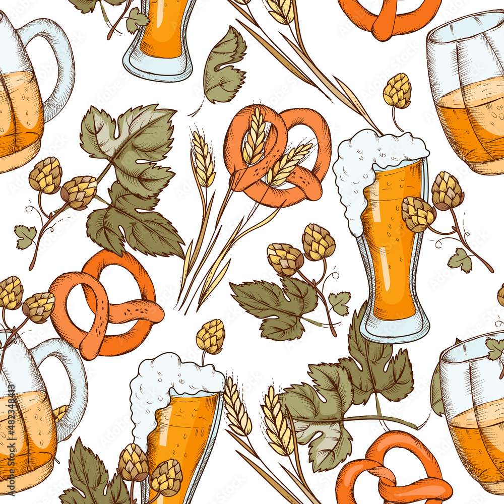 Seamless pattern with beer glasses and hops. Repeatable endless pattern ...