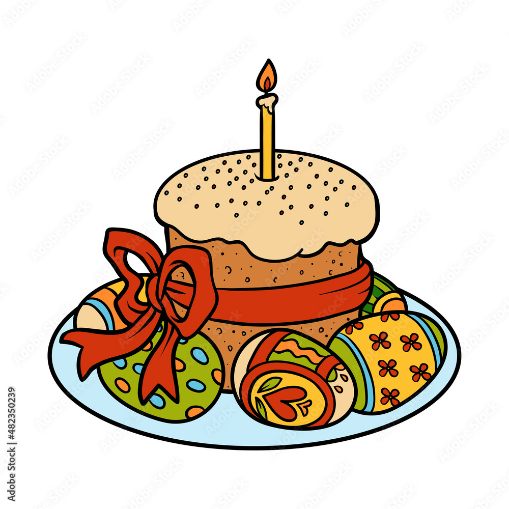 Cartoon illustration for children, Easter cake and colored eggs Stock ...