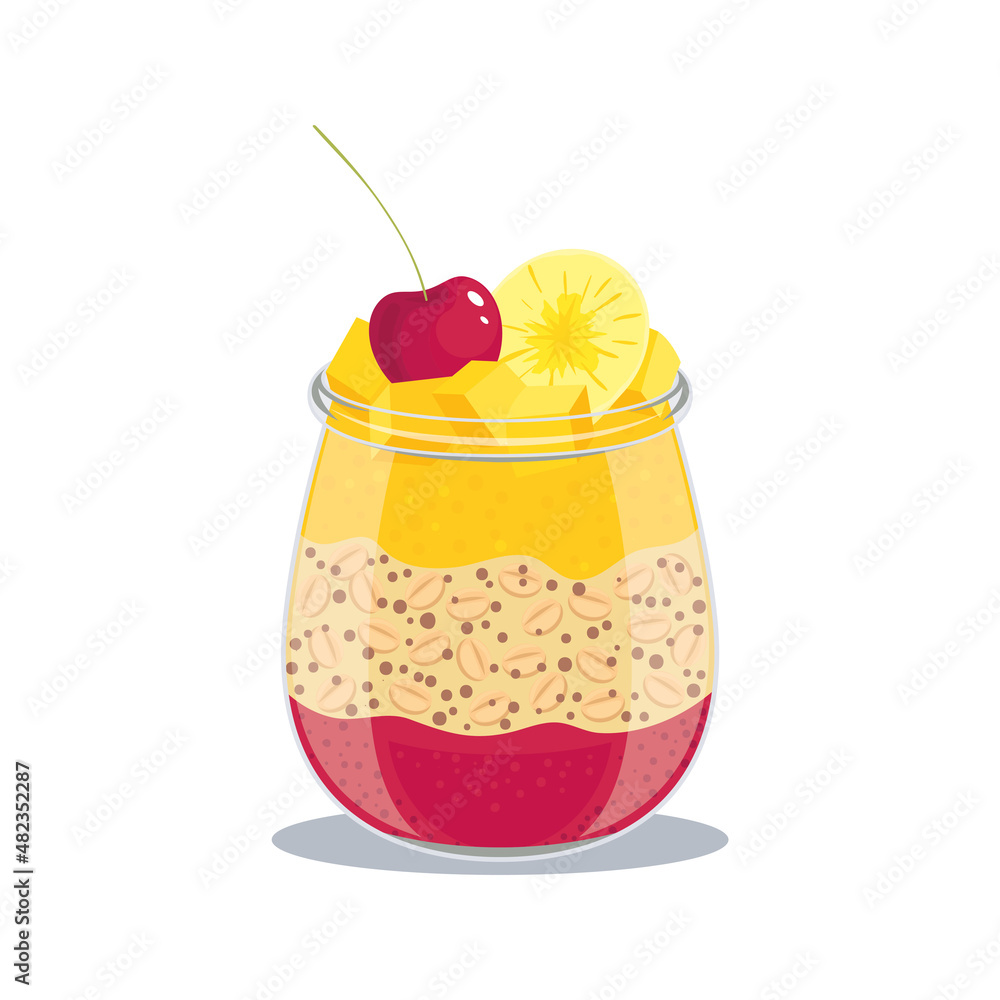 Mango cherry pudding layered with mix of oatmeal, chia seeds and ...