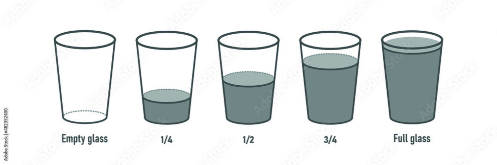 Volum of glasses empty half full quarter. Bulk fractions. Vector Stock ...