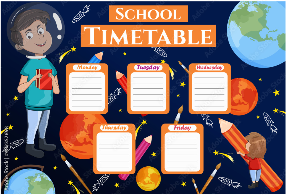 School timetable. The boy is holding books. The girl draws with a ...