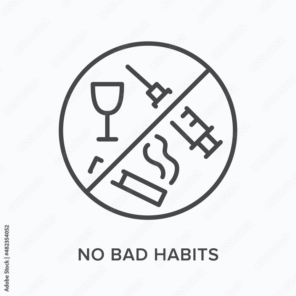 No bad habits flat line icon. Vector outline illustration of drug ...