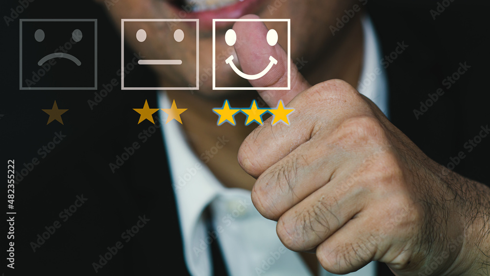 Customer satisfaction concept, 5-star satisfaction rating thumbs-up ...