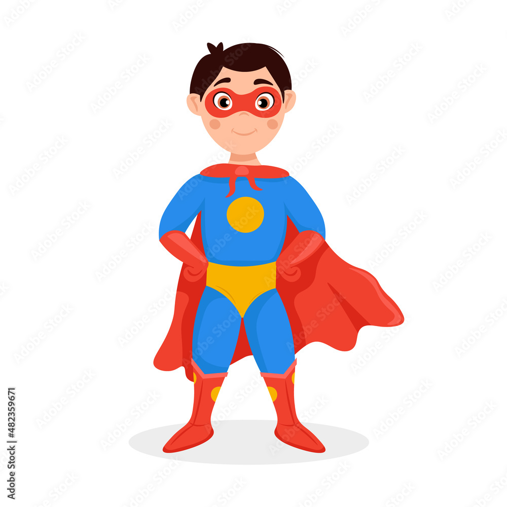 Boy wearing colorful superhero costume isolated on white background ...