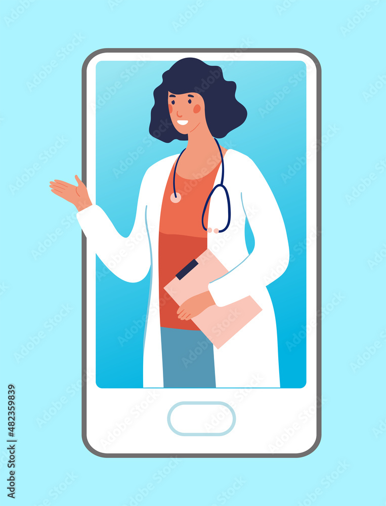 Smartphone screen with female doctor, flat icon about telemedicine and ...