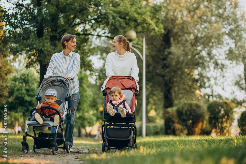Two women friends walking with baby prams and their kids in park Stock ...