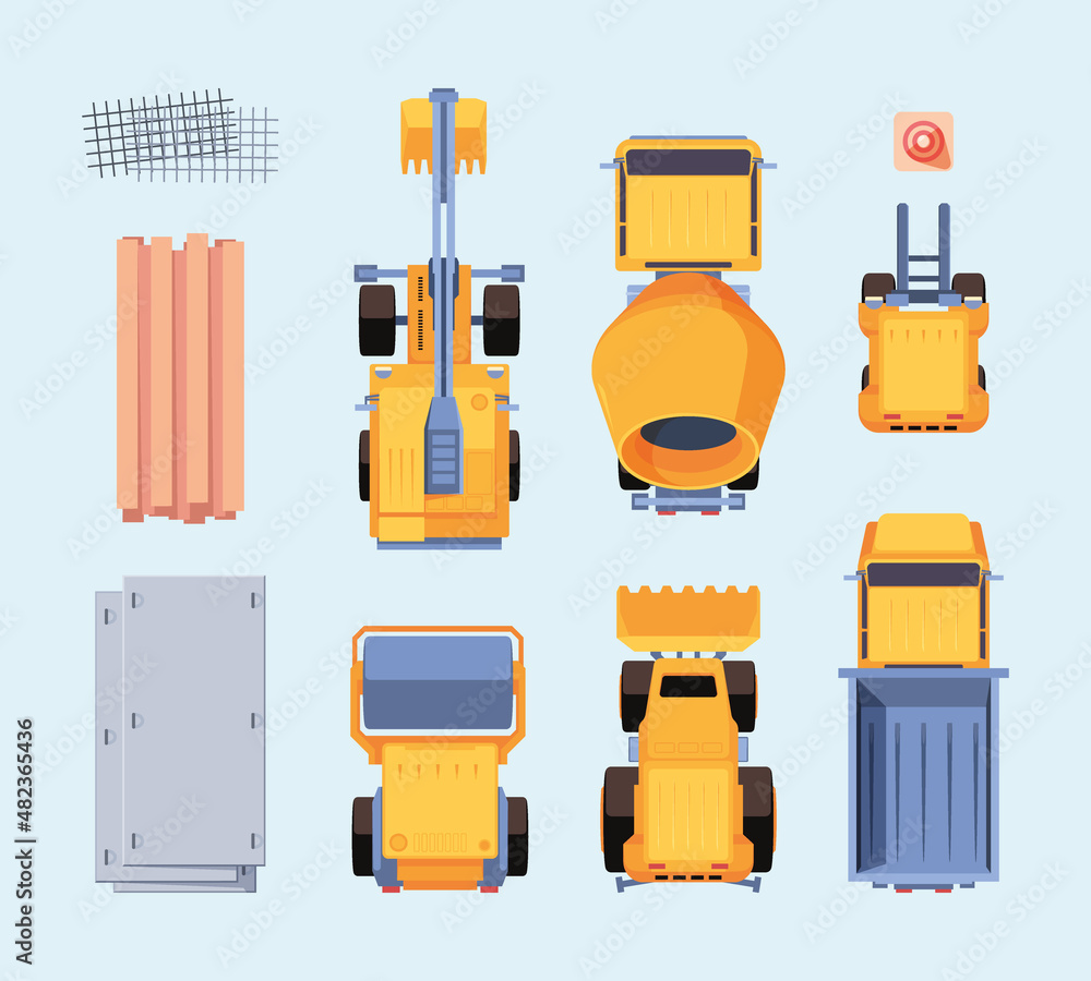 Construction vehicles top view. Production yellow cars for builders ...