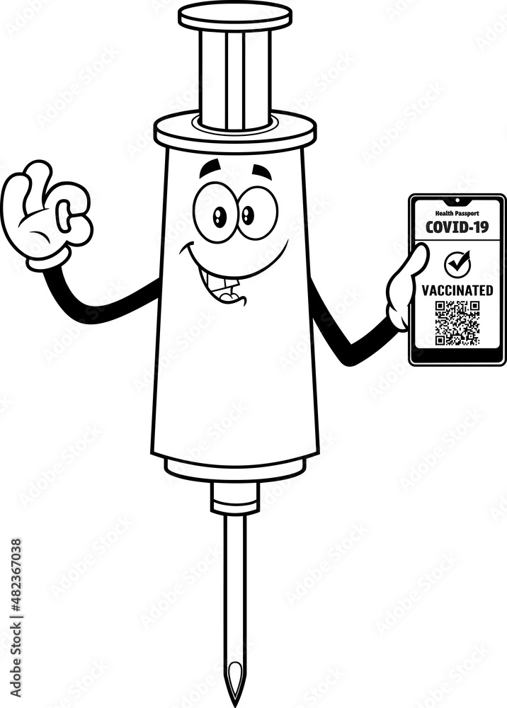 Outlined Medical Syringe Vaccine Cartoon Character Showing Smartphone ...