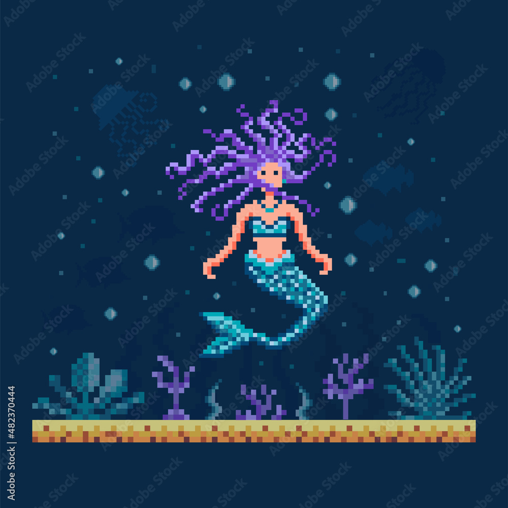Pixel Art Mermaid on Sea Bottom Landscape Stock Vector | Adobe Stock