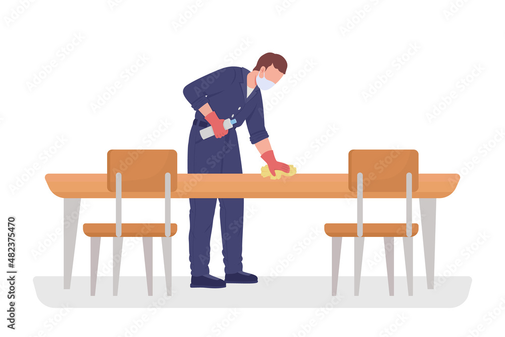 Cleaner disinfecting desk semi flat color vector character. Posing ...