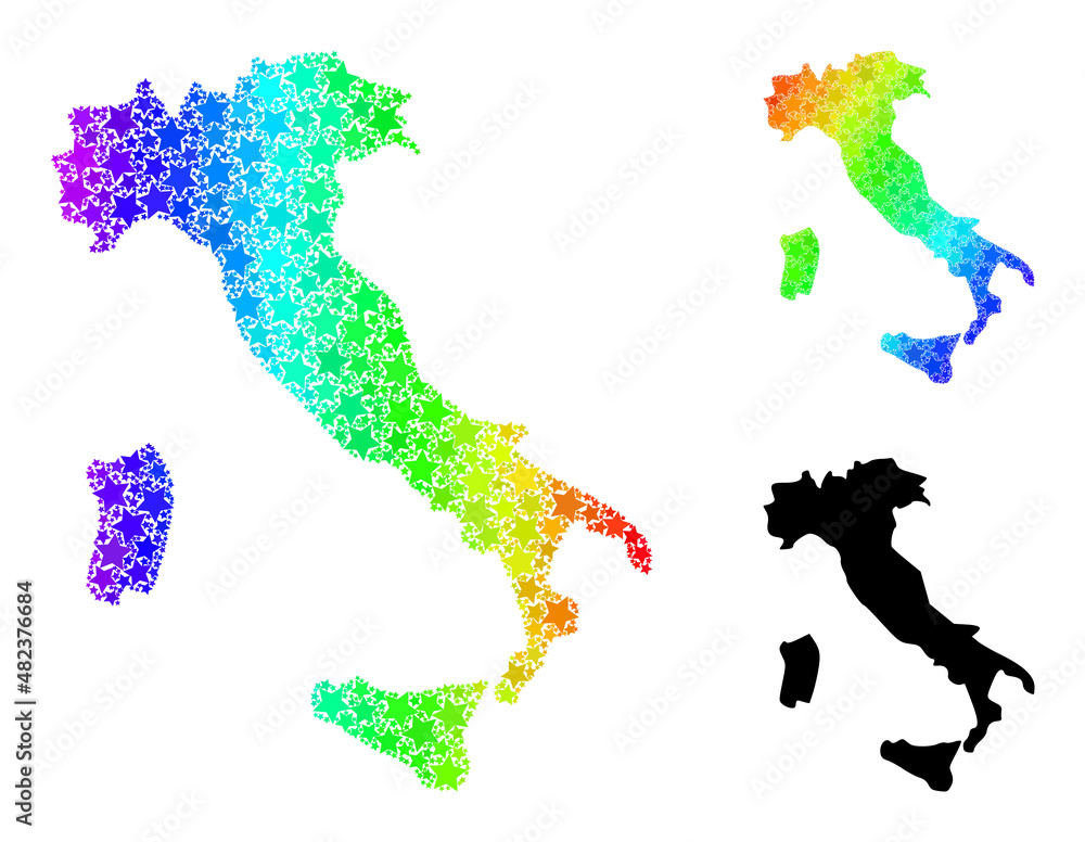 Rainbow gradient star collage map of Italy. Vector vibrant map of Italy ...